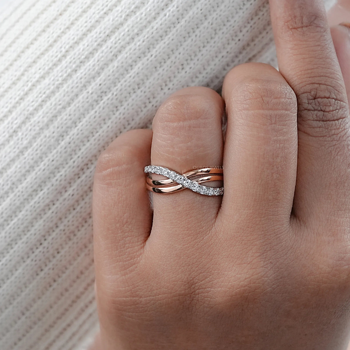 Round Lab Grown Diamond Crossover Wedding Band — Ouros Jewels